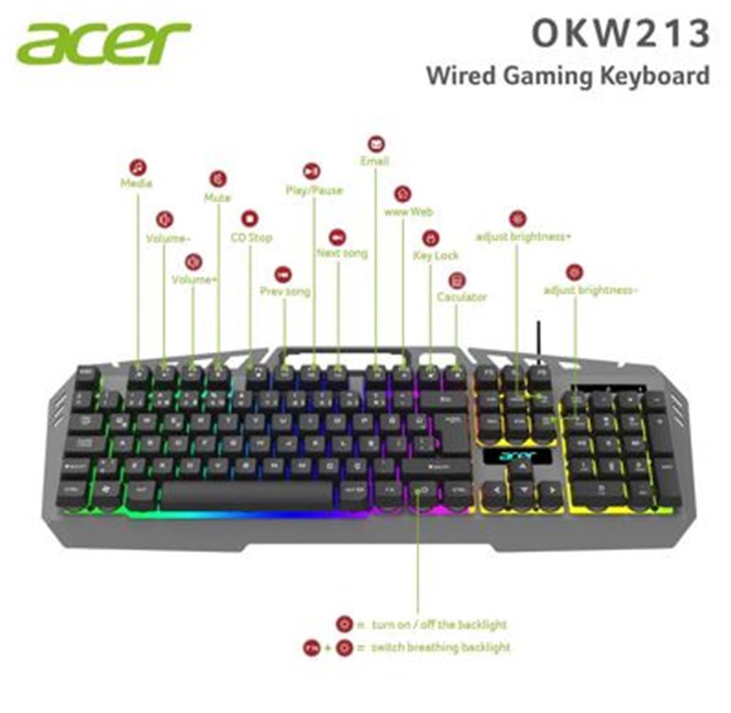 Acer OKW213 Gri RGB Rainbow Backlit Gaming Keyboard Rainbow (Kablo Uzu ...